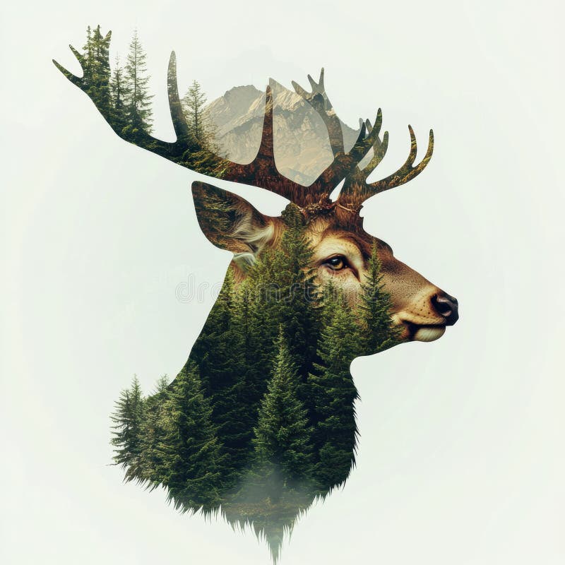 Creative Deer Head Design Created from Layered Mountain Ridges and Pine ...