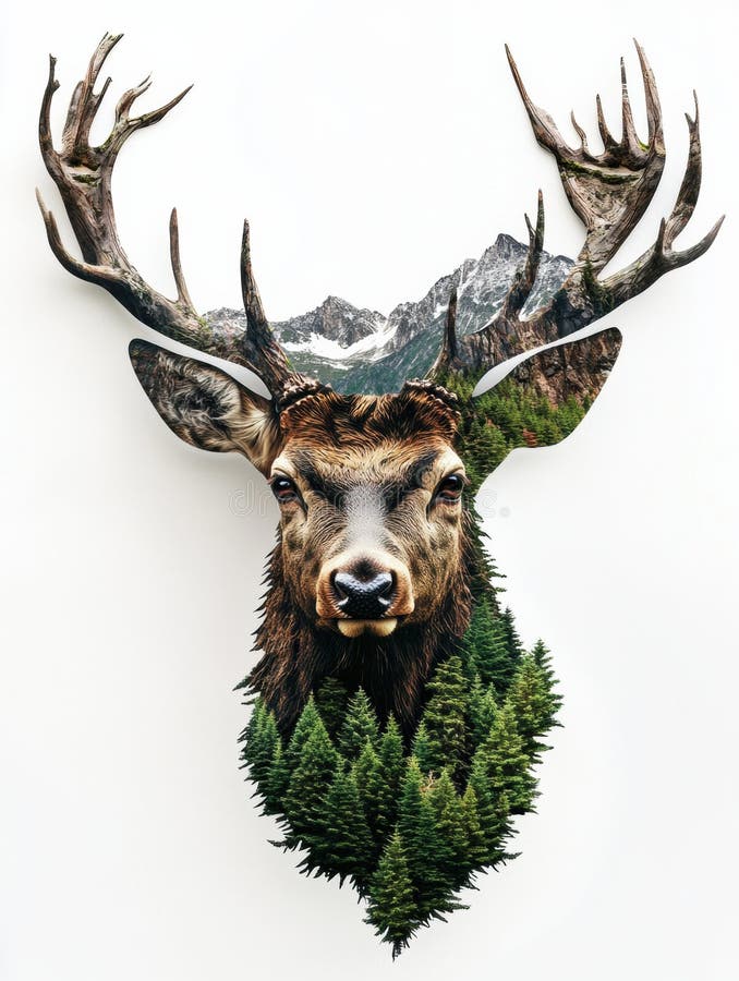 Creative Deer Head Design Featuring Mountain Ridges and Pine Forest ...