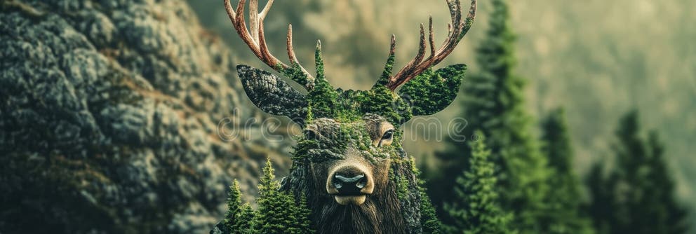 Creative Deer Head Shaped by Layered Mountain Ridges and Pine Tree ...