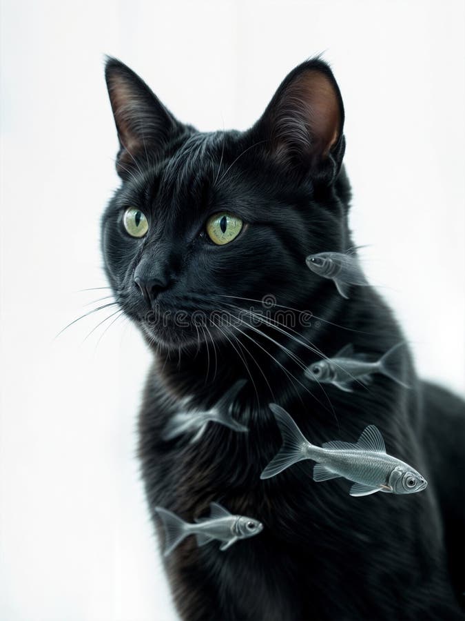 Creative Depiction of a Black Cat with Fish Swimming Around in a ...