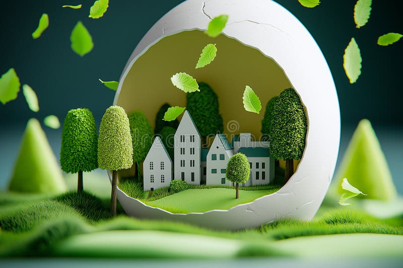 Creative Depiction of Green City Inside Egg Shaped Structure Surrounded ...