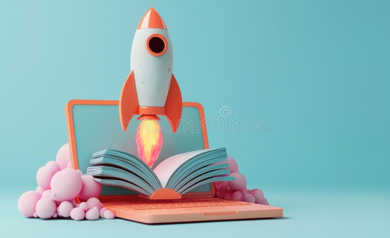 Creative Depiction of a Rocket Launching from an Open Laptop and Book ...
