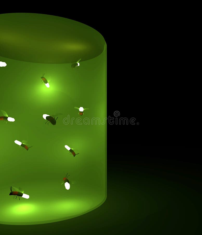 3D Rendering Fireflies in Crystal Bottle Stock Illustration ...