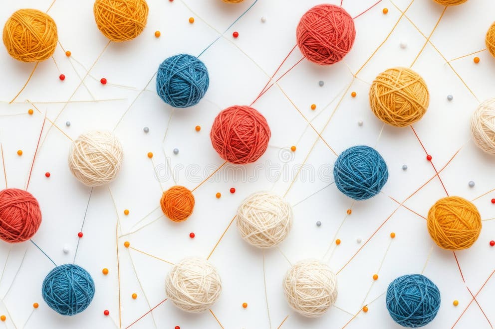 A Creative Design Featuring Colorful Yarn Balls Connected by Pins in a ...