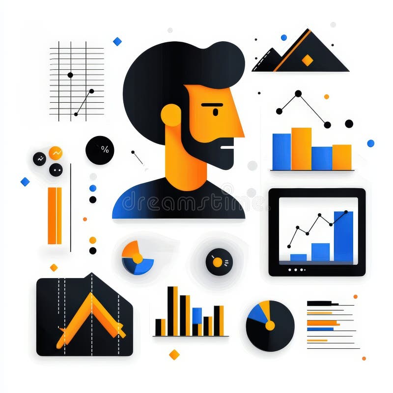 Creative Design Featuring a Man Surrounded by Charts Graphs and Data ...