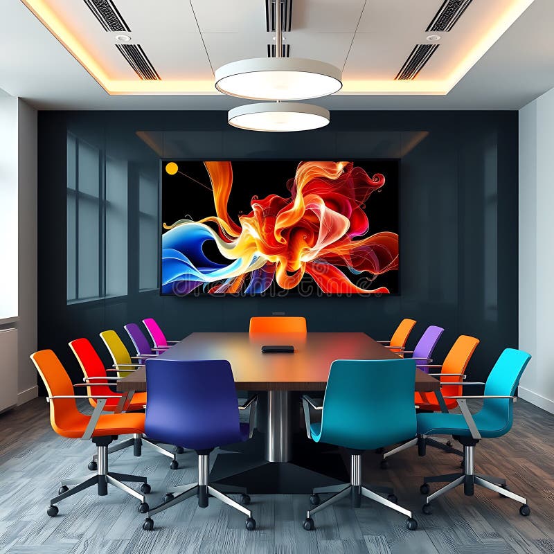 A Creative Design Office Conference Table with Colorful Chairs a Large ...