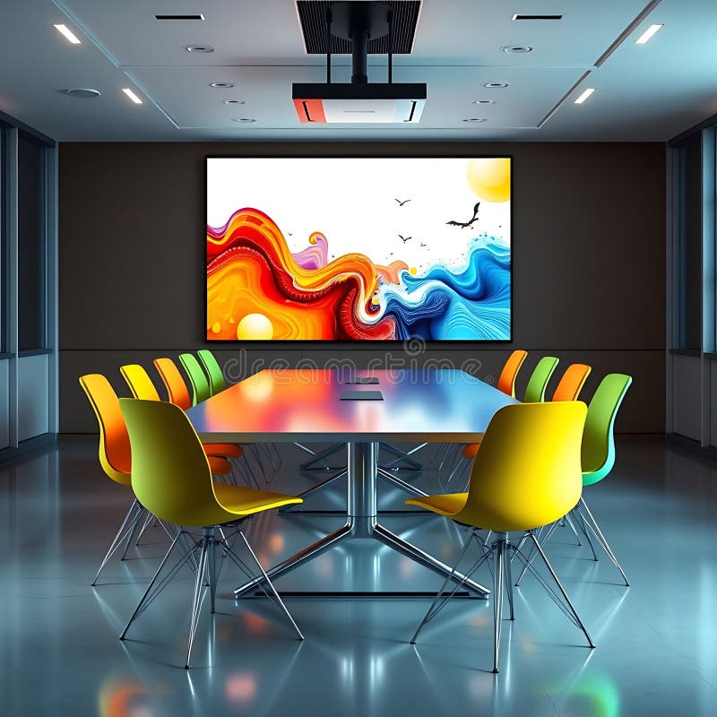 A Creative Design Office Conference Table with Colorful Chairs a Large ...