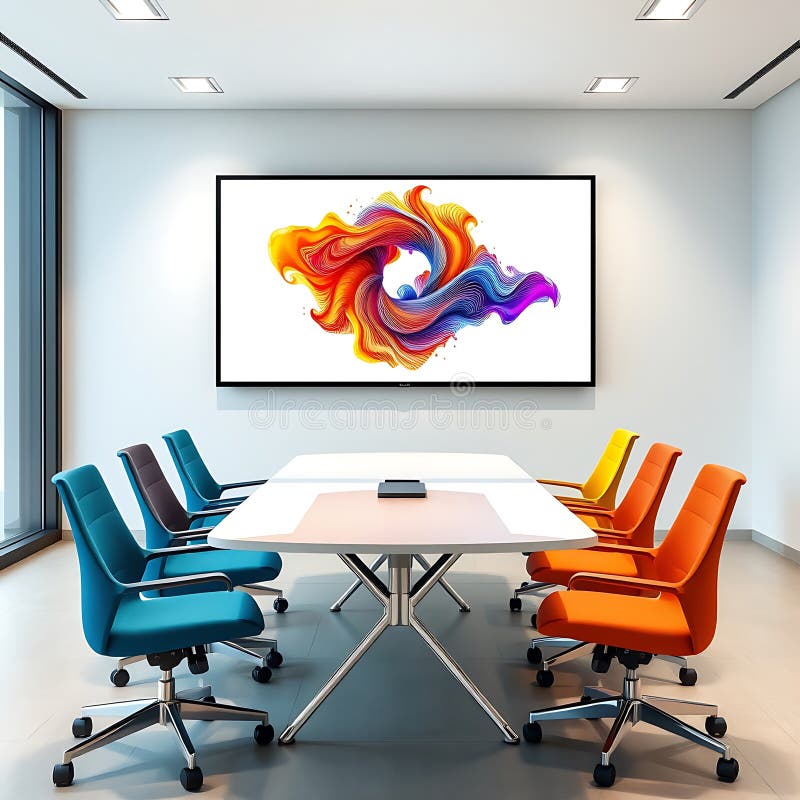 A Creative Design Office Conference Table with Colorful Chairs a Large ...