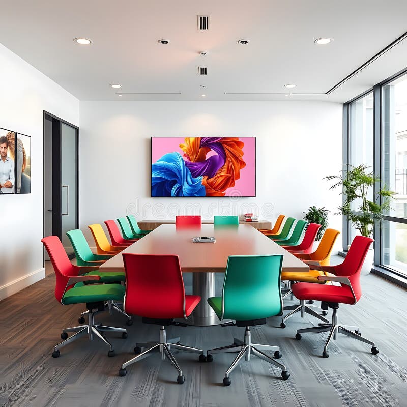 A Creative Design Office Conference Table with Colorful Chairs a Large ...