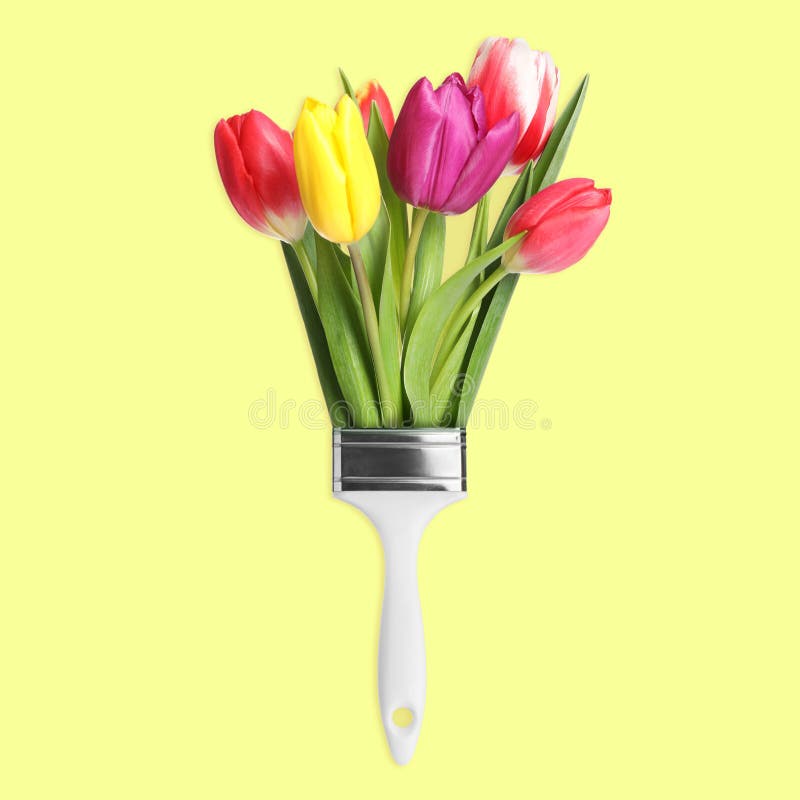 Creative Design with Paint Brush and Beautiful Tulips on Yellow ...