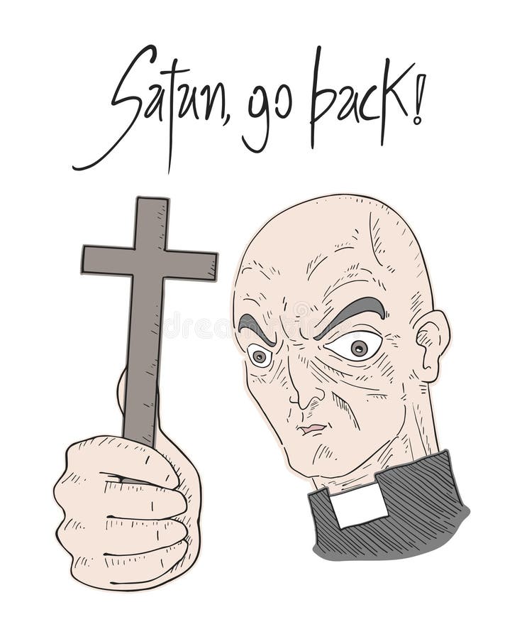 Priest with Crucifix and Satan, Go Back Message Stock Vector ...