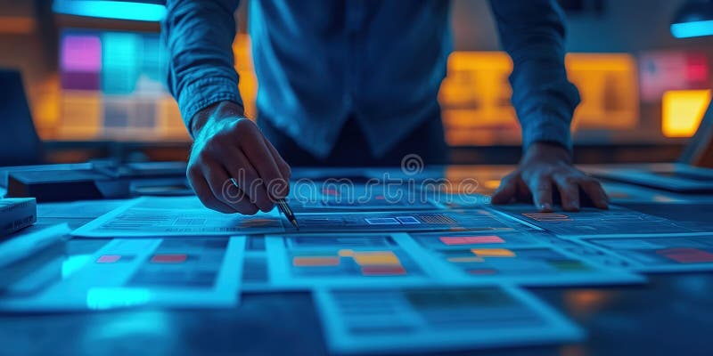 Creative Design Process in a Dimly Lit Workspace with Vibrant Colors ...