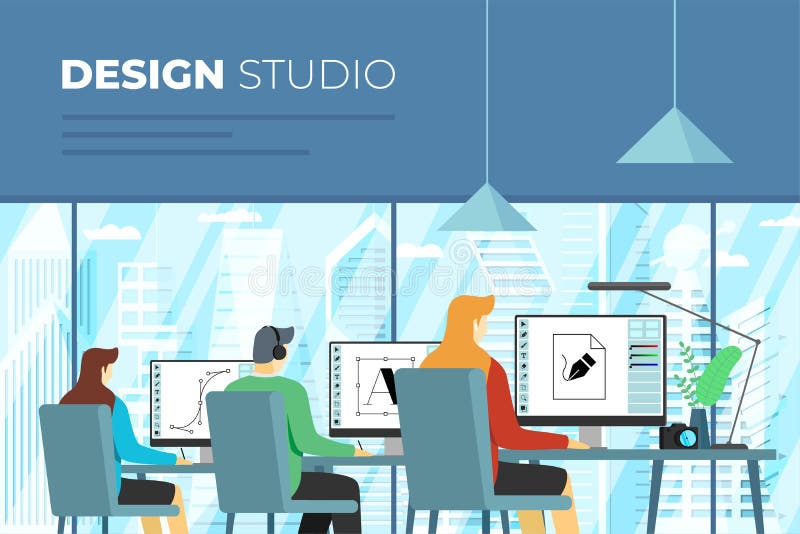Creative Design Studio Banner. Professional Designers Work on Computers ...