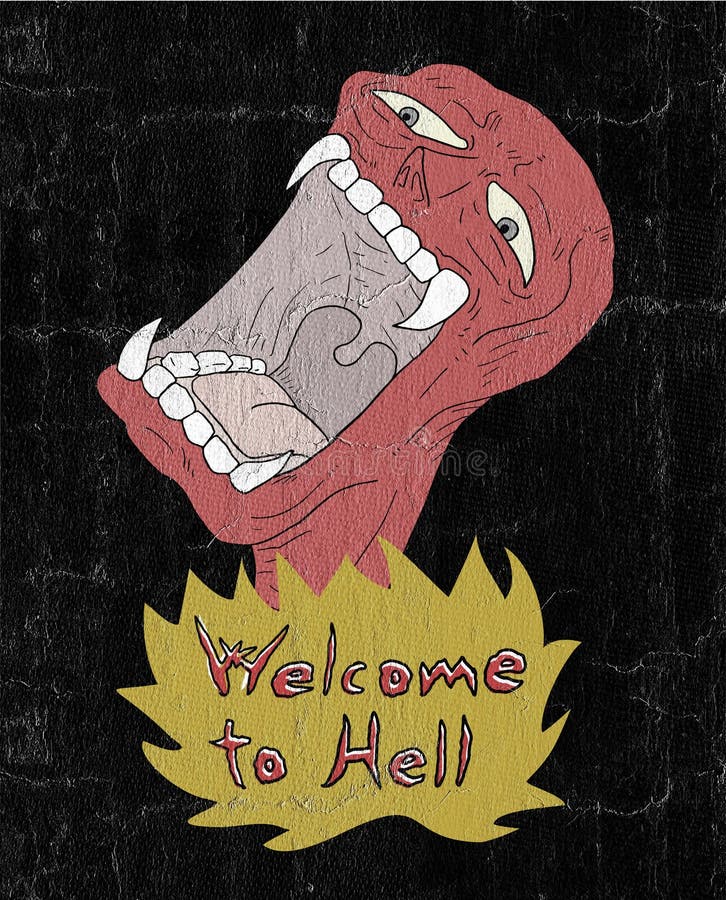 Welcome To Hell. Cute Red Devil Holding A Sign And Trident. Devi Stock ...
