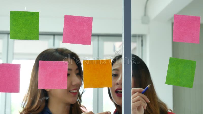 Creative Design Woman Use Sticky Note Thinking Share Ideas. Woman ...