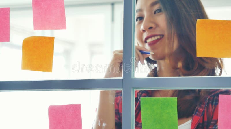Creative Design Woman Use Sticky Note Thinking Share Ideas. Woman ...