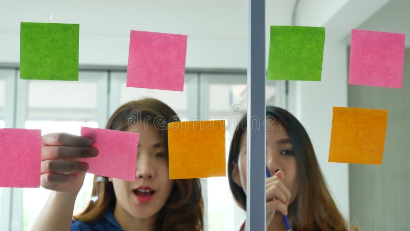 Creative Design Woman Use Sticky Note Thinking Share Ideas. Woman ...
