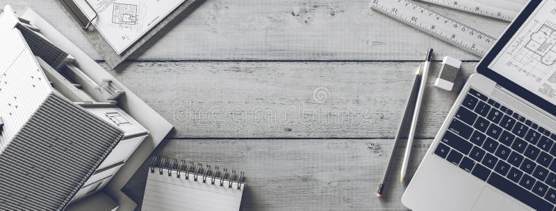 Creative Designer and Architect Desktop with Laptop, Building Model and ...