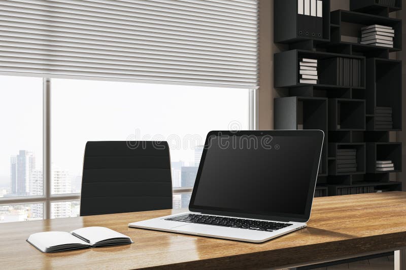 Creative Designer Desktop with Empty Mock Up Laptop, Supplies. Window ...