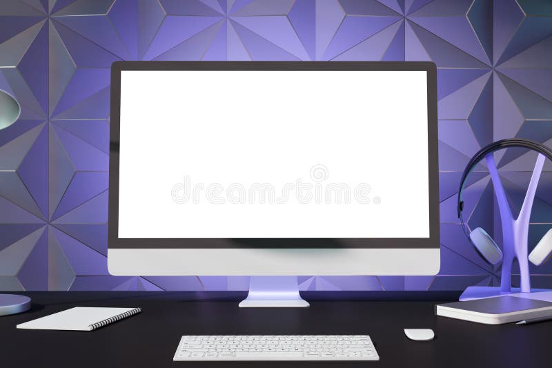 Creative Designer Desktop with Empty White Mock Up Computer Monitor ...