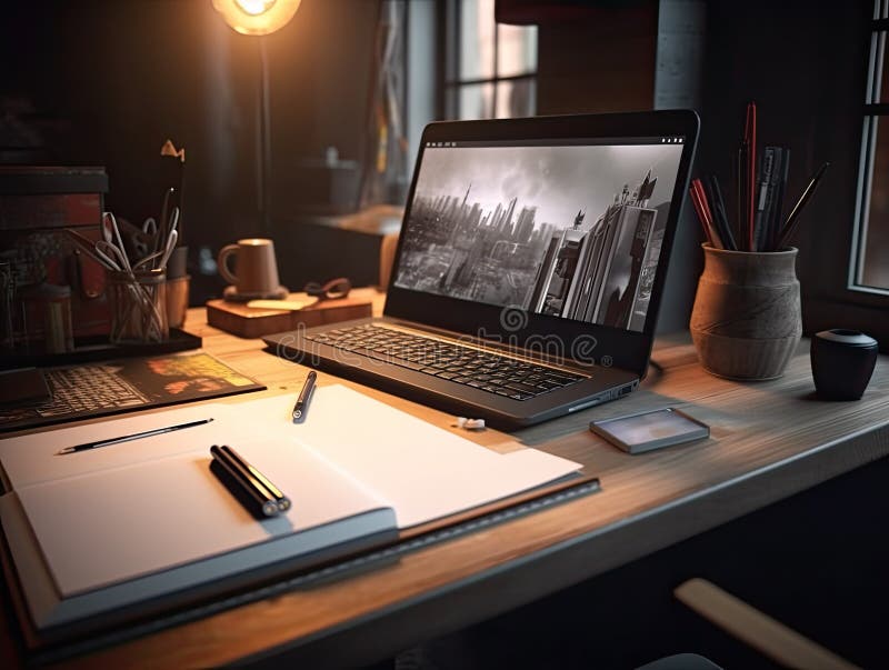 Creative Designer Workspace with Laptop Drawing Accessories, Ai ...