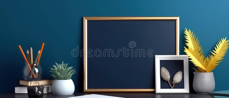 Creative Desk with a Blank Picture Frame or Poster, Desk Objects. Ai ...