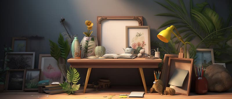 Creative Desk with a Blank Picture Frame or Poster, Desk Objects. Ai ...