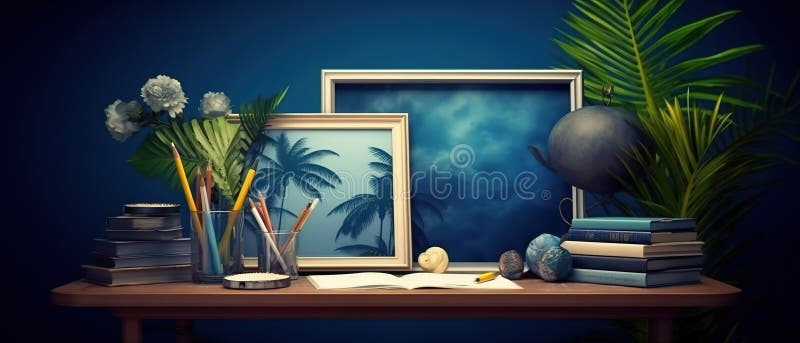 Creative Desk with a Blank Picture Frame or Poster, Desk Objects. Ai ...