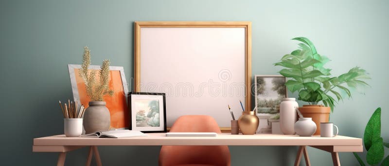 Creative Desk with a Blank Picture Frame or Poster, Desk Objects. Ai ...