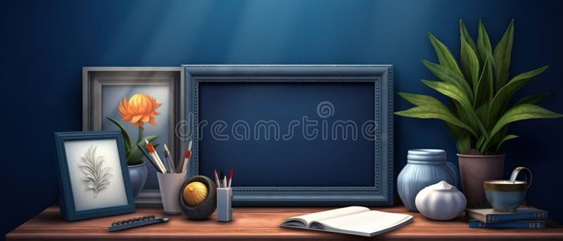 Creative Desk with a Blank Picture Frame or Poster, Desk Objects. Ai ...