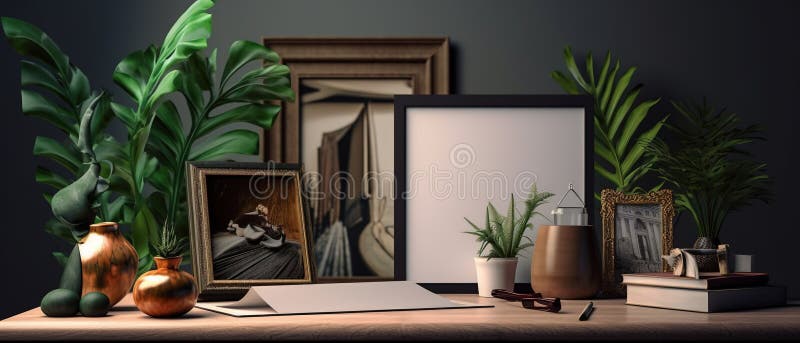 Creative Desk with a Blank Picture Frame or Poster, Desk Objects. Ai ...