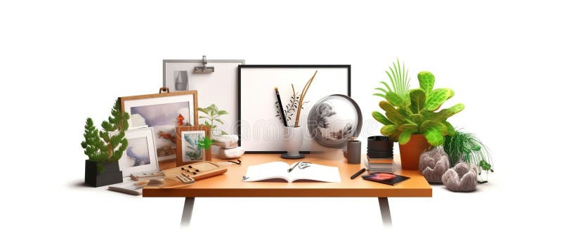 Creative Desk with a Blank Picture Frame or Poster, Desk Objects. Ai ...