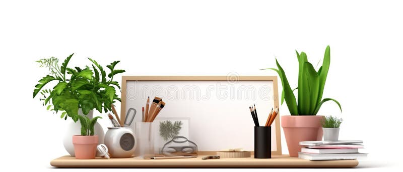 Creative Desk with a Blank Picture Frame or Poster, Desk Objects. Ai ...