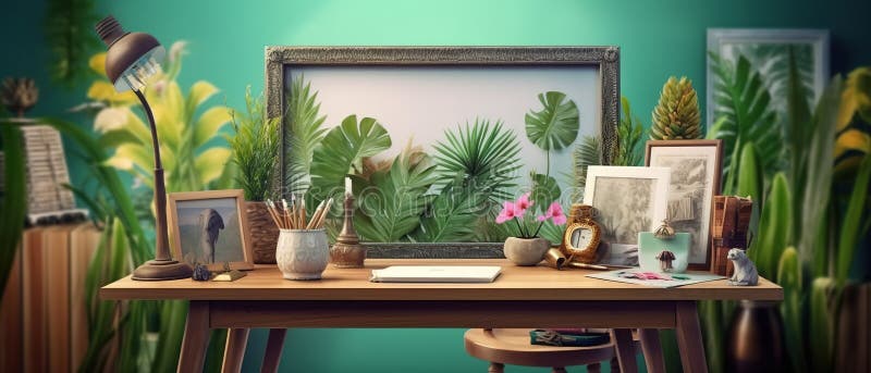 Creative Desk with a Blank Picture Frame or Poster, Desk Objects. Ai ...