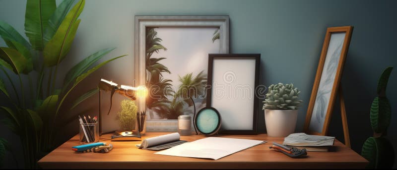 Creative Desk with a Blank Picture Frame or Poster, Desk Objects. Ai ...