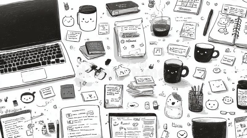 Creative Desk with Cute Doodles and Coffee Stock Illustration ...