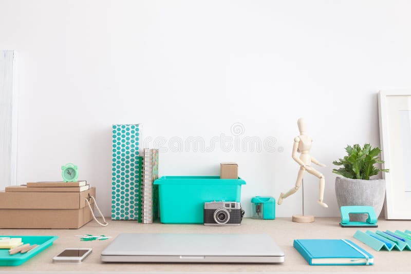 Creative Desk in Cyan. Student Desk. Stock Photo - Image of education ...