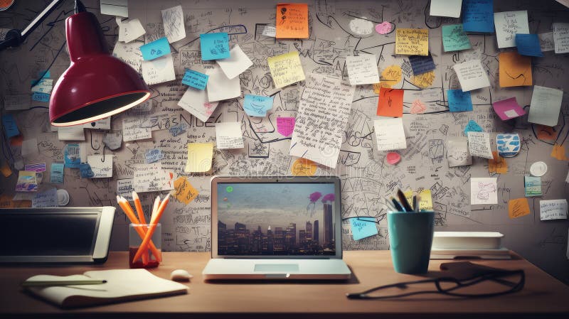 Creative desk with notepad stock illustration. Illustration of ...