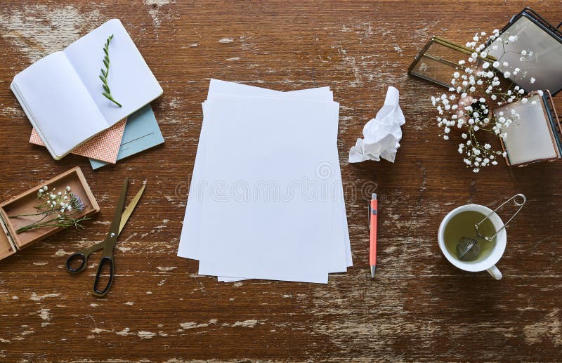 Creative Desk Pictures Flowers Cup of Tea and Sheets of Paper Stock ...