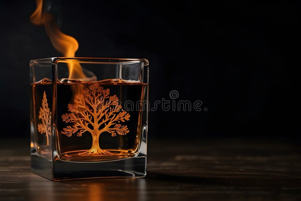 Creative and Detail Image of Burning Tree Inside Glass Whiskey Cube in ...