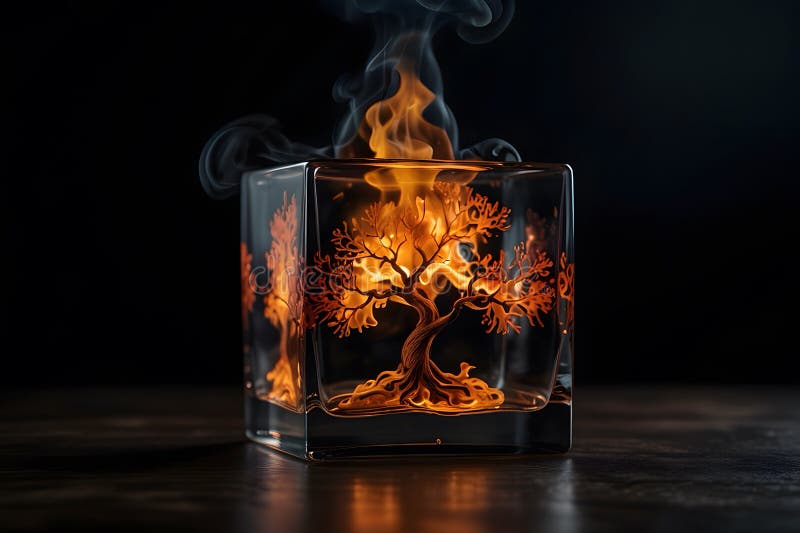 Creative and Detail Image of Burning Tree Inside Glass Whiskey Cube in ...