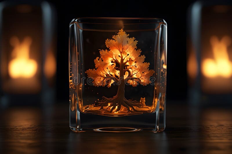 Creative and Detail Image of Burning Tree Inside Glass Whiskey Cube in ...