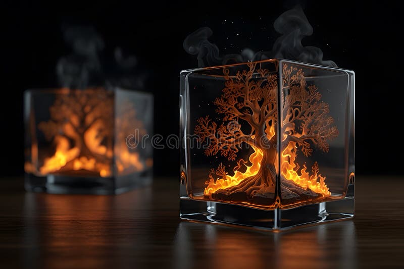 Creative and Detail Image of Burning Tree Inside Glass Whiskey Cube in ...