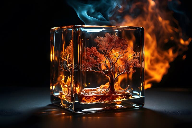 Creative and Detail Image of Burning Tree Inside Glass Whiskey Cube in ...