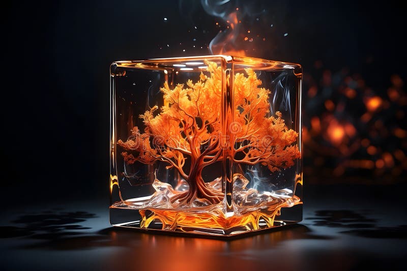 Creative and Detail Image of Burning Tree Inside Glass Whiskey Cube in ...