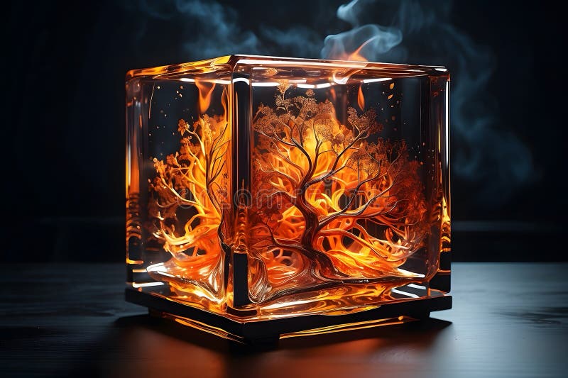 Creative and Detail Image of Burning Tree Inside Glass Whiskey Cube in ...
