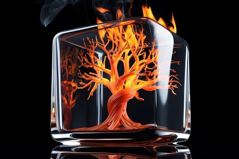 Creative and Detail Image of Burning Tree Inside Glass Whiskey Cube in ...