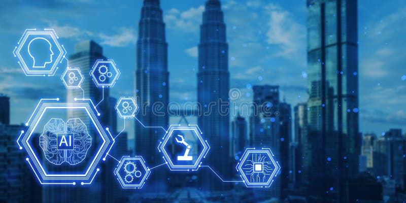 Creative Digital Ai Pattern on Blurry Blue City Background. Artificial ...
