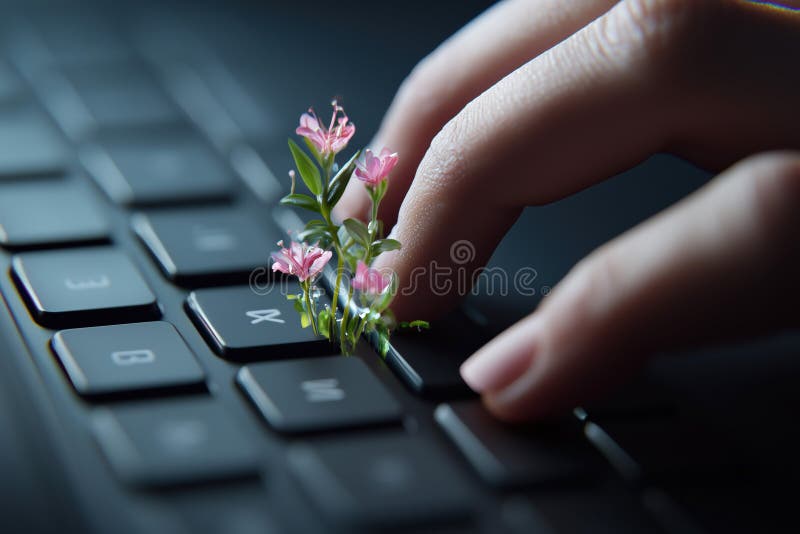 Creative Digital Art of Hand Touching Keyboard with Flowers Growing Out ...