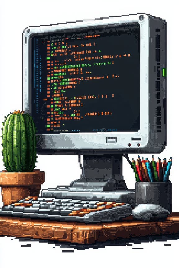 Vintage Computer Workstation with Programming Code and Cacti Decoration ...